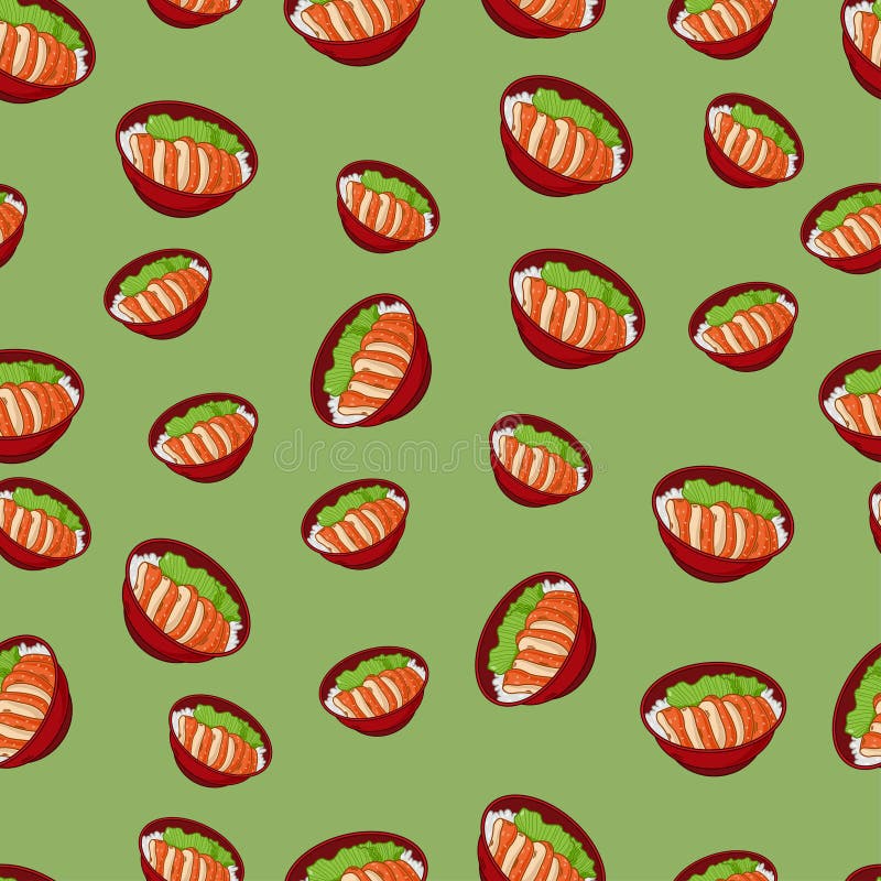 Cartoon Chicken Teriyaki, Japanese Food Seamless Pattern on Colorful ...