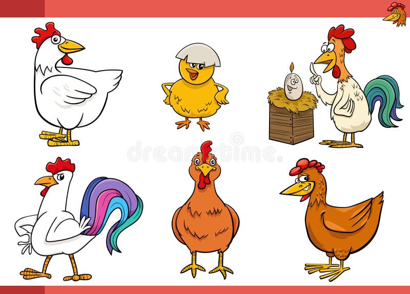 Cartoon Chickens Farm Birds Comic Characters Set Stock Vector ...