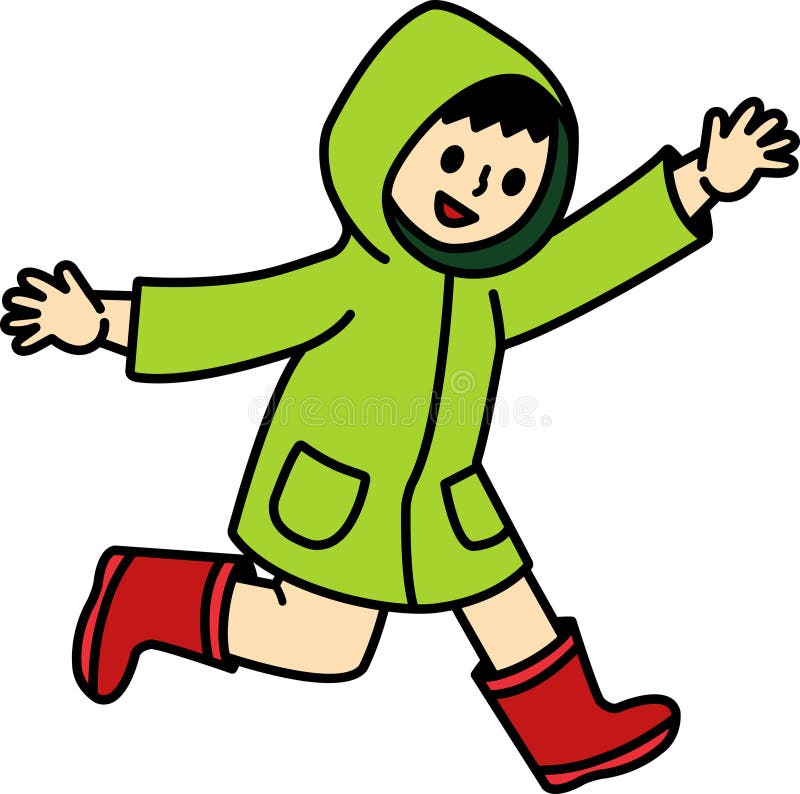 A Cartoon Child in a Green Raincoat and Red Boots is Running Stock ...