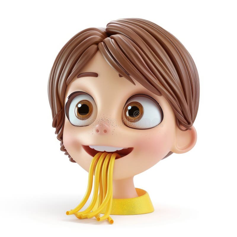 Delightful Cartoon Child Devouring Spaghetti: a Fun 3D Render Stock ...