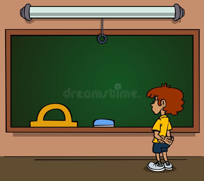 Cartoon the Child Stands Thinking in Front of the Blackboard in the ...