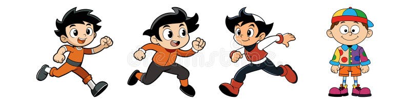 Cartoon Children Character Set with Running and Standing Pose Stock ...