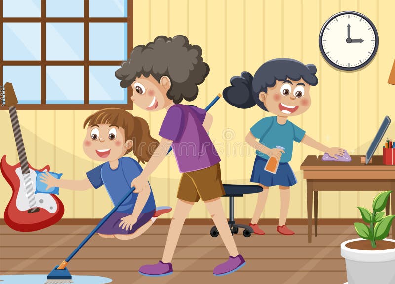 Cartoon Children Cleaning the House Stock Vector - Illustration of ...