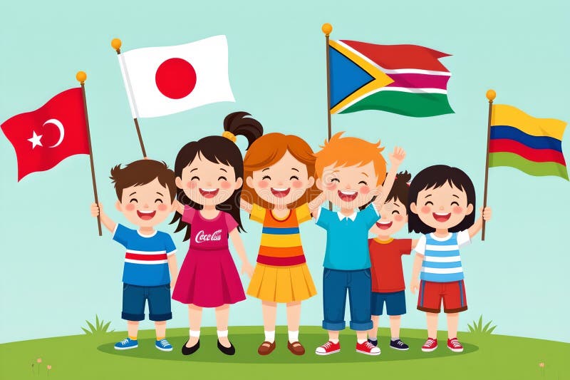 Cartoon Children from Different Countries Waving Flags Together Stock ...