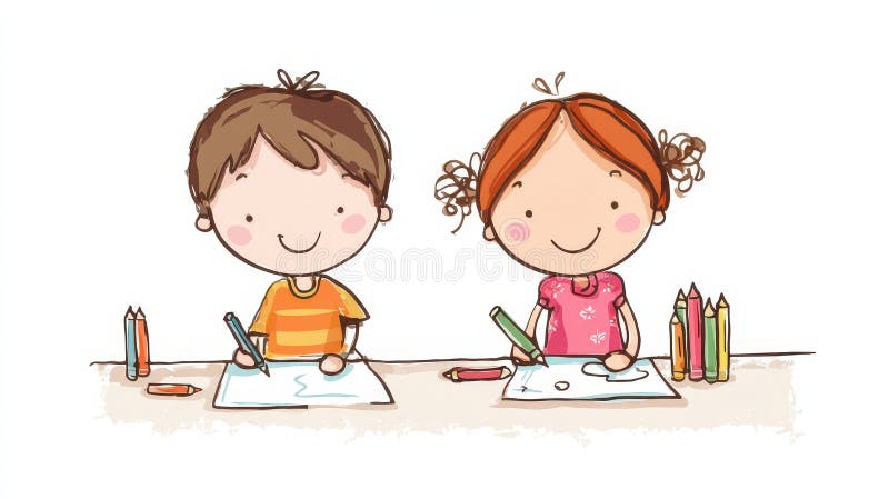 Cartoon Children Drawing Together in a Creative Art Class Stock ...