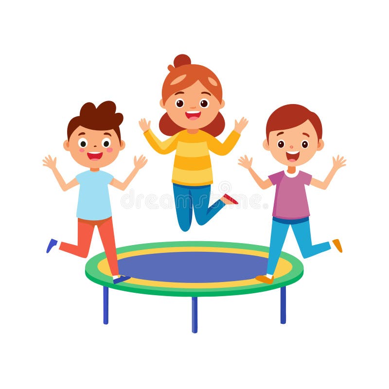 Cartoon Children Having Fun Jumping on a Trampoline, Vector ...