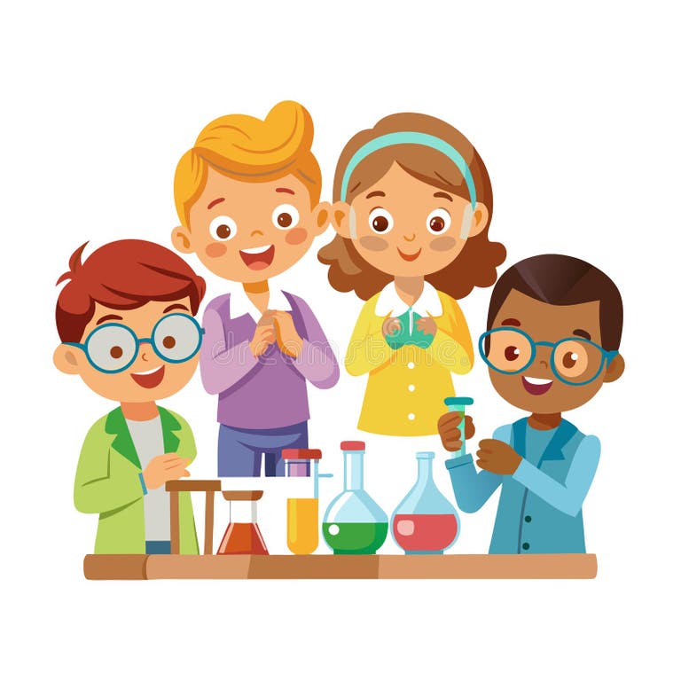 Cartoon Children Performing Science Experiments in a Lab with Glassware ...