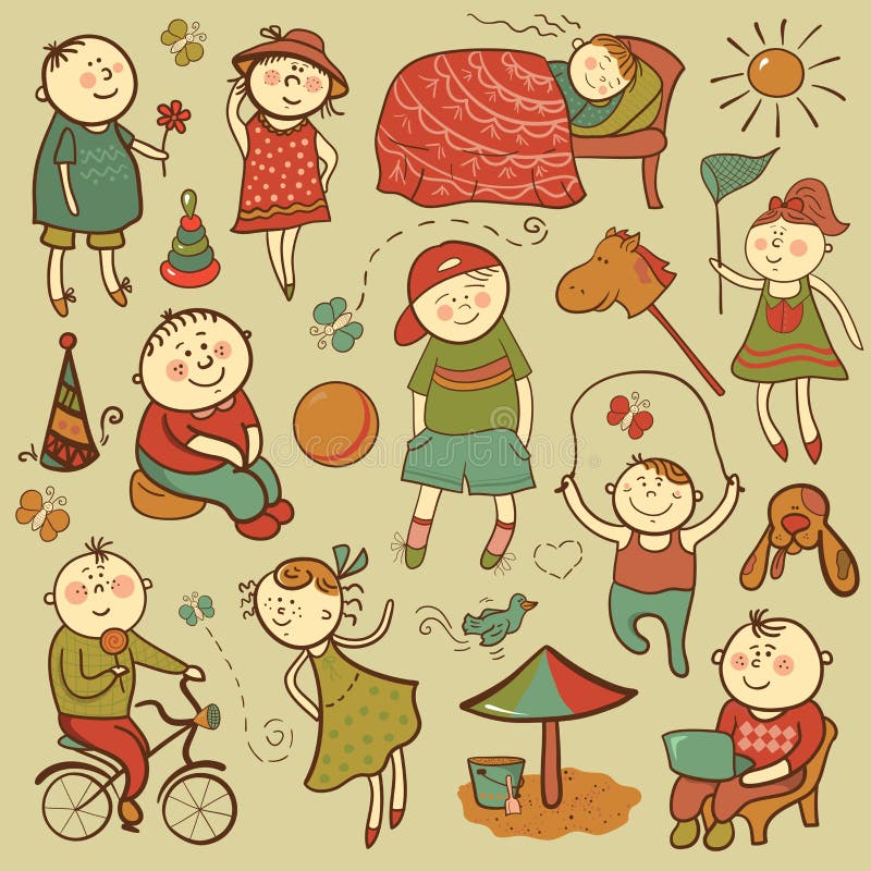 Cartoon Children Play with Toys Stock Vector - Illustration of doodle ...
