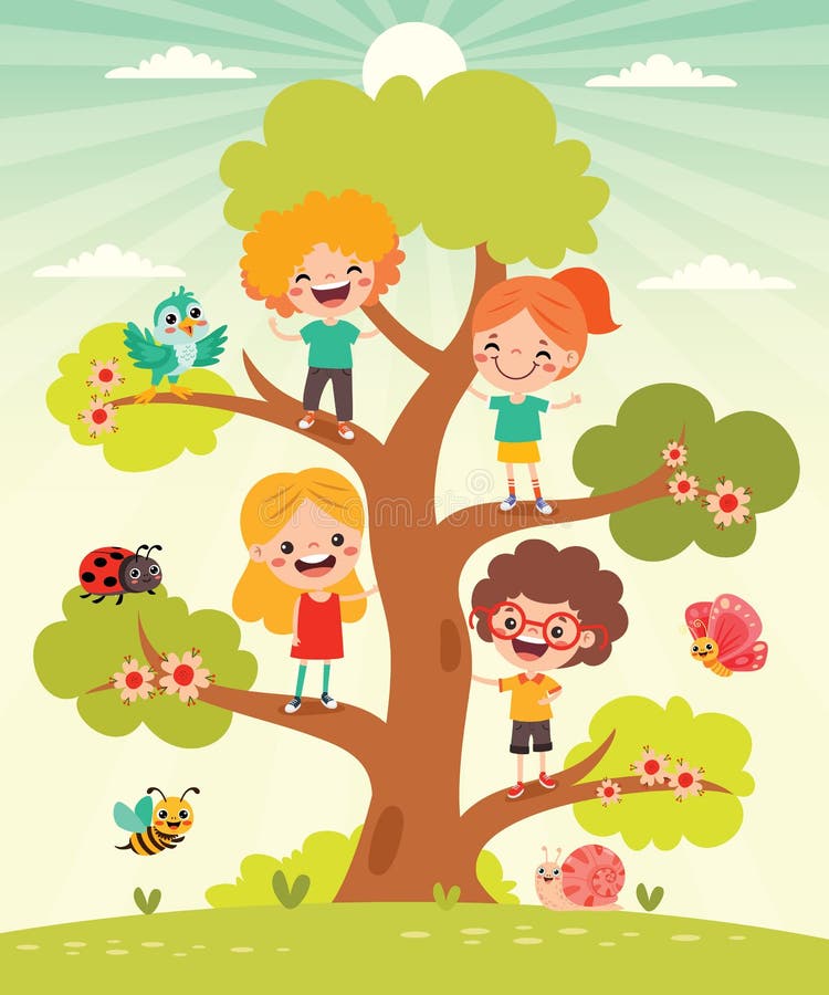 Cartoon Children Playing at Tree Stock Illustration - Illustration of ...