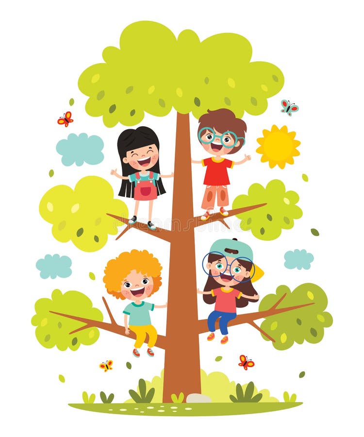 Cartoon Children Playing at Tree Stock Illustration - Illustration of ...