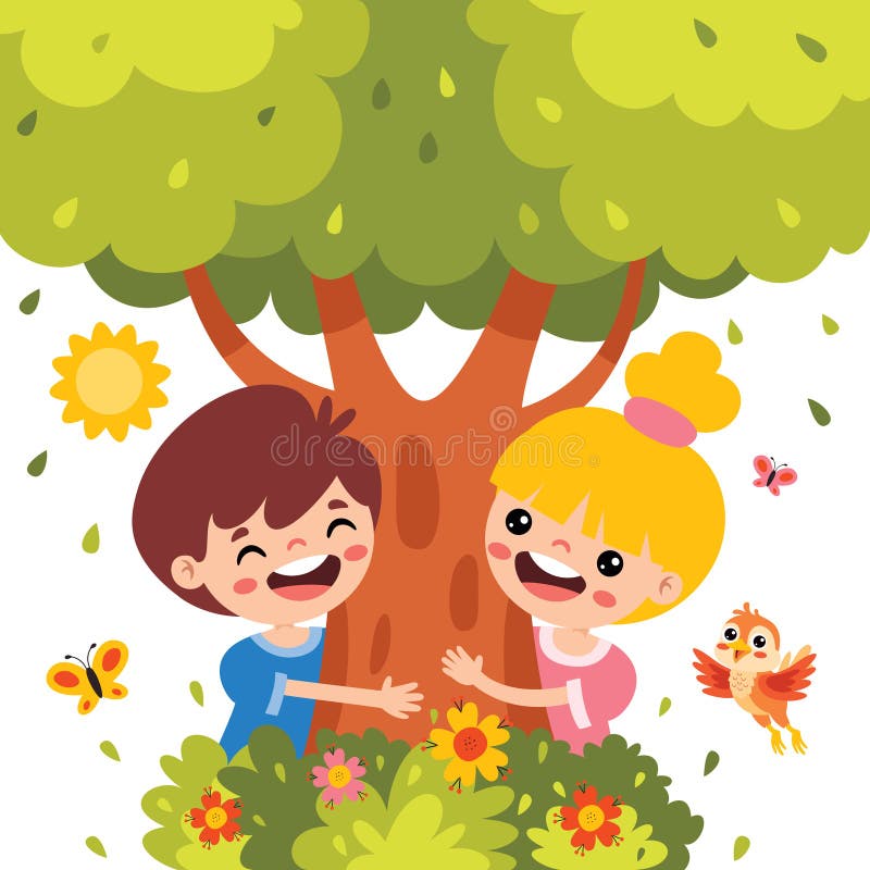 Cartoon Children Playing Under Tree Stock Illustration - Illustration ...