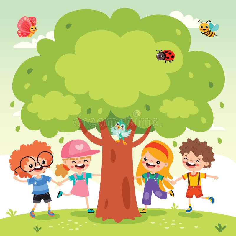 Cartoon Children Playing Under Tree Stock Illustration - Illustration ...