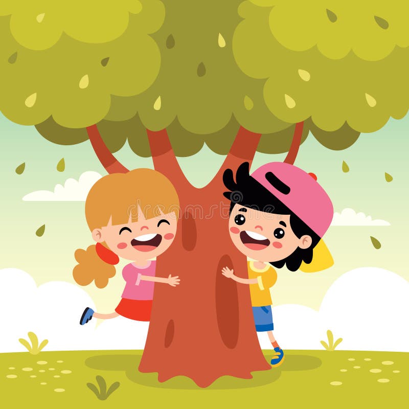 Cartoon Children Playing Under Tree Stock Illustration - Illustration ...