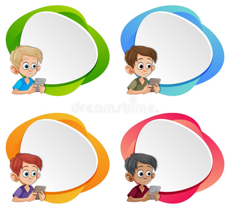 Four Children Using Devices Inside Speech Bubbles Stock Vector ...