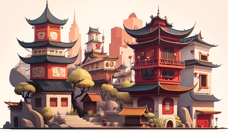 Cartoon Chinese Ancient Architecture City Illustration Stock ...