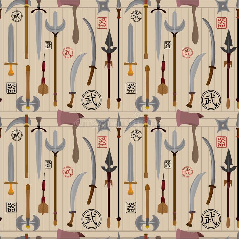 Cartoon Chinese Weapon Seamless Pattern Stock Vector - Illustration of ...