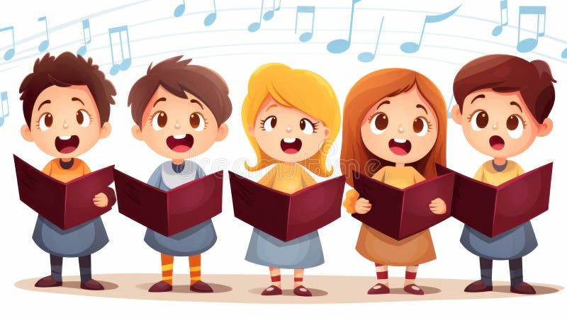 Cartoon Choir Children Singing a Song, Vector Illustration Stock ...