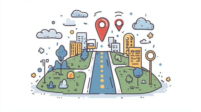 Cartoon Cityscape with Location Pins and a Winding Road Stock ...