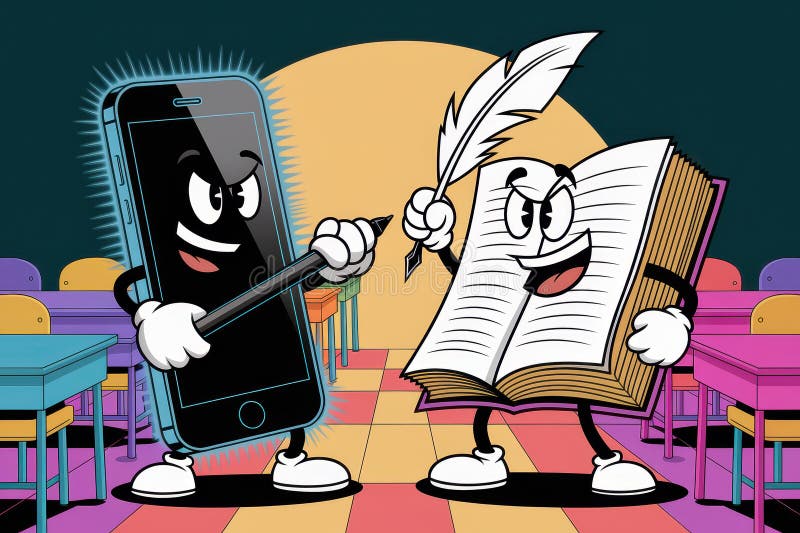 Cartoon Clash of Smartphone and Book in Classroom: Digital Vs ...