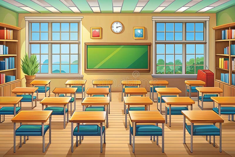 Cartoon Classroom Interior, Empty Desks and Chairs, Light and School ...