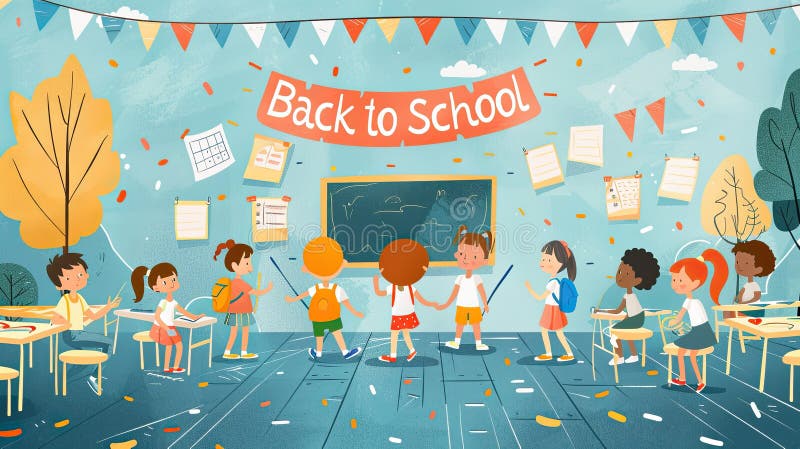 A Cartoon of a Classroom with a Sign that Says Back To School Stock ...