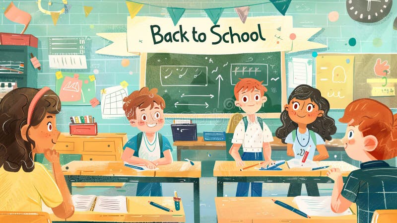 A Cartoon of a Classroom with a Sign that Says Back To School Stock ...