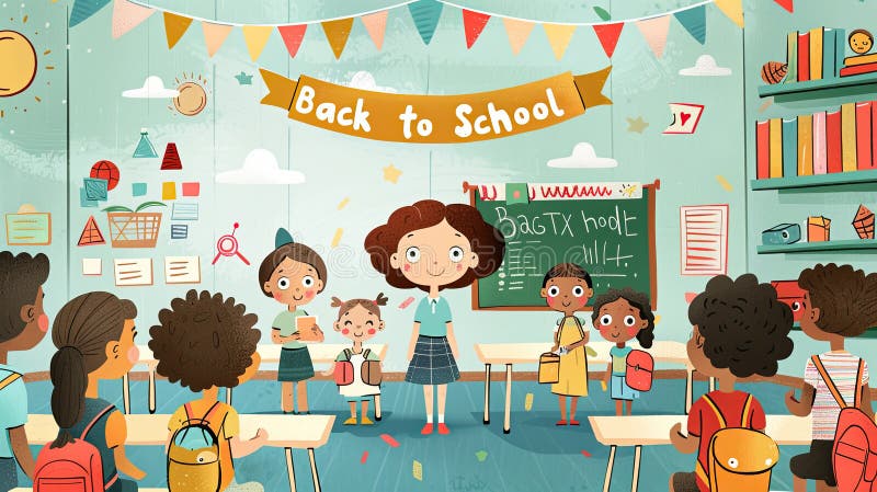 A Cartoon of a Classroom with a Sign that Says Back To School Stock ...