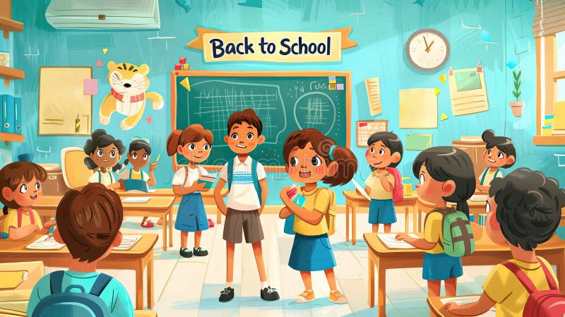 A Cartoon of a Classroom with a Sign that Says Back To School Stock ...