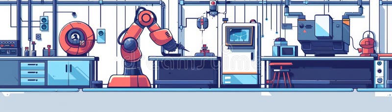 Cartoon of a Clean and Safe Factory with Advanced Robotics Stock ...