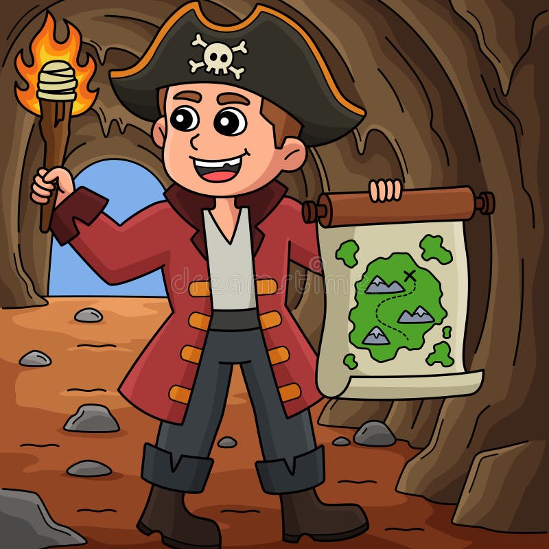 Pirate with Treasure Map Colored Cartoon Stock Vector - Illustration of ...