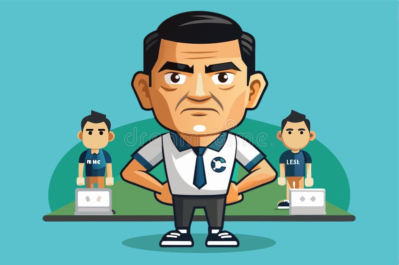 A Cartoon Coach Stands Confidently with Hands on Hips, Guiding Two ...
