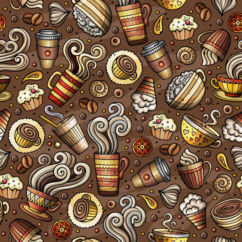 Cartoon Coffee Shop Seamless Pattern Stock Vector - Illustration of ...