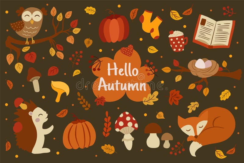 Cartoon Collection of Fall Season Vector Elements. Hello Autumn Vector ...