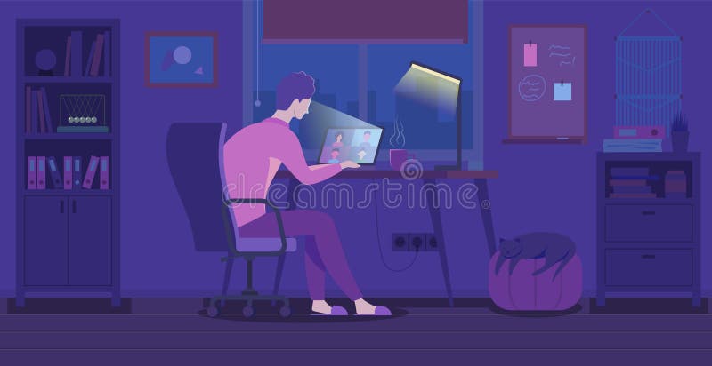 Cartoon Color Character Man and Night Working Remotely Concept. Vector ...
