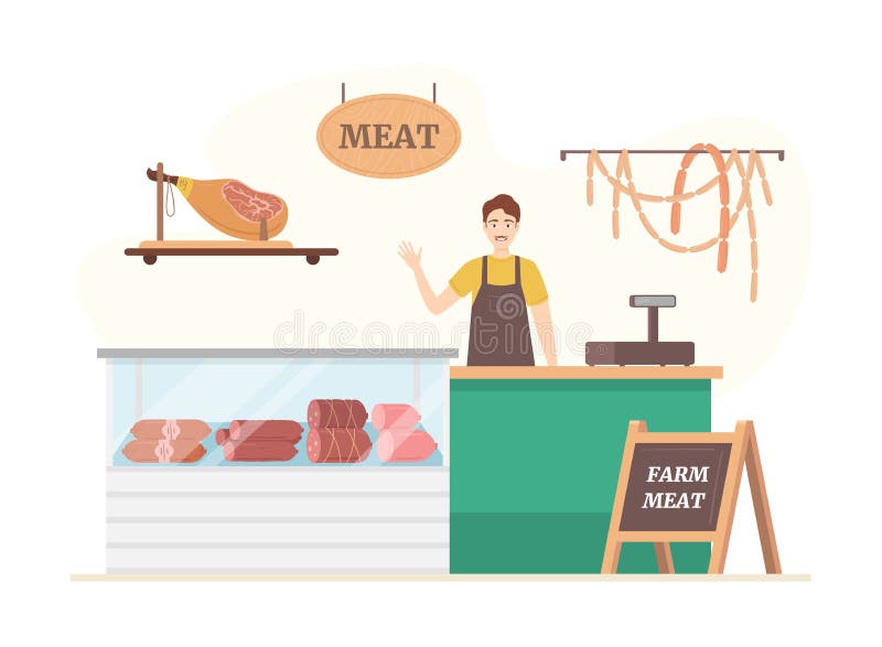 Cartoon Color Character Person Male and Meat Store Concept. Vector ... Cartoon Color Character Person Male and Meat Store Concept. Vector ...