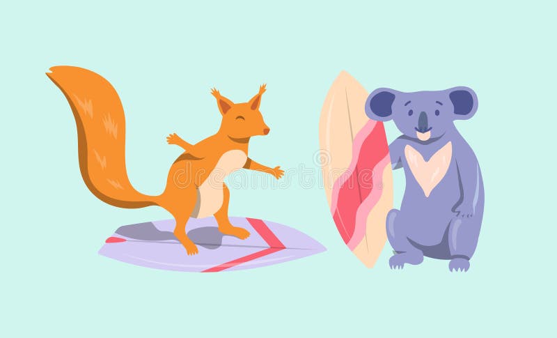 Cartoon Color Characters Animal Koala and Squirrel Surfers Set. Vector ... Cartoon Color Characters Animal Koala and Squirrel Surfers Set. Vector ...