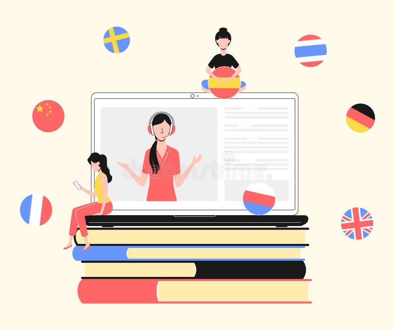 Cartoon Color Characters and Foreign Language Study Online Concept ...