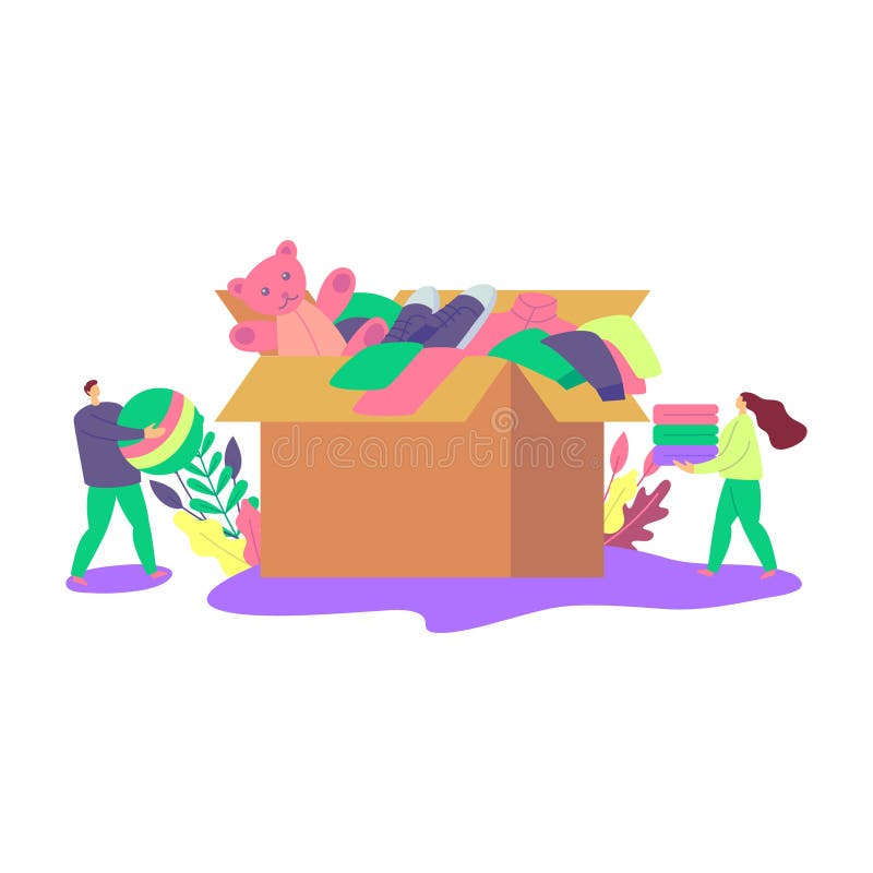 Cartoon Color Characters People and Cardboard Donation Box Concept ... Cartoon Color Characters People and Cardboard Donation Box Concept ...