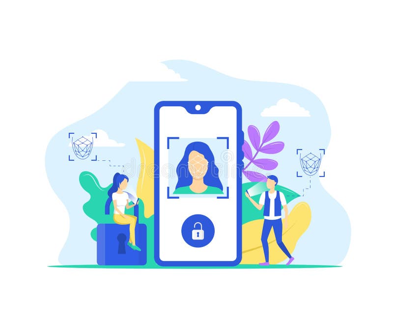Cartoon Color Characters People and Face ID Recognition Concept. Vector ...