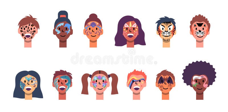 Cartoon Color Characters People Kids Faces and Face Painting Concept ... Cartoon Color Characters People Kids Faces and Face Painting Concept ...