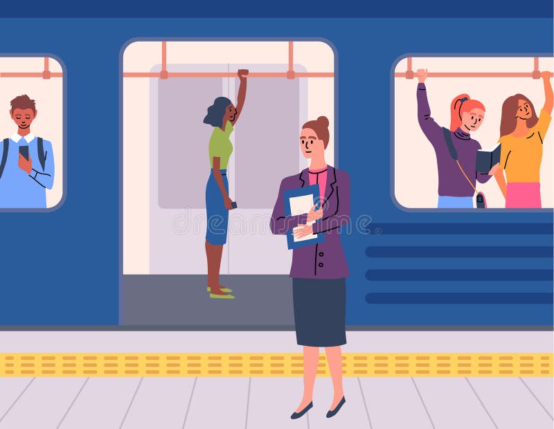 Cartoon Color Characters People and Subway Station with Train Concept ... Cartoon Color Characters People and Subway Station with Train Concept ...