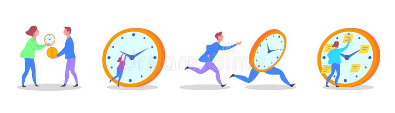 Cartoon Color Characters People and Time Interaction Concept. Vector ...