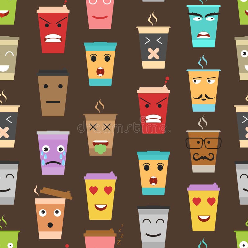 Cartoon Color Cup Coffee or Tea Characters Seamless Pattern Background ...