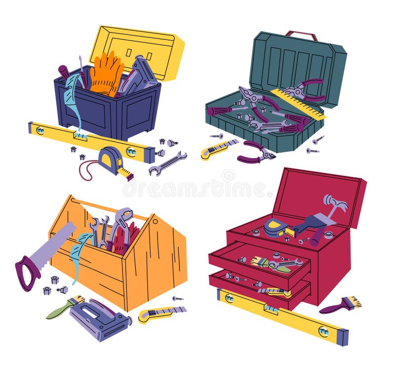 Cartoon Color Different Construction Toolkit Boxes Set. Vector Stock ...