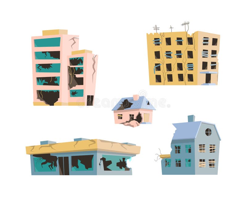 Cartoon Color Different Destroyed City Buildings Set. Vector Stock ... Cartoon Color Different Destroyed City Buildings Set. Vector Stock ...
