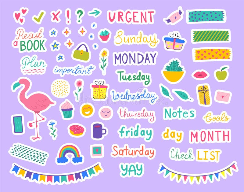Cartoon Color Different Diary Stickers Journal Planner Set. Vector ...