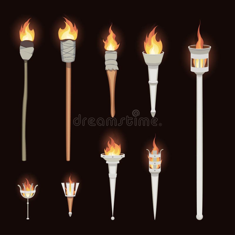 Cartoon Color Different Medieval Torch Icons Set Vector Stock Vector