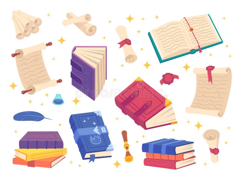 Cartoon Color Different Spell Magic Books and Scrolls Set. Vector Stock ...