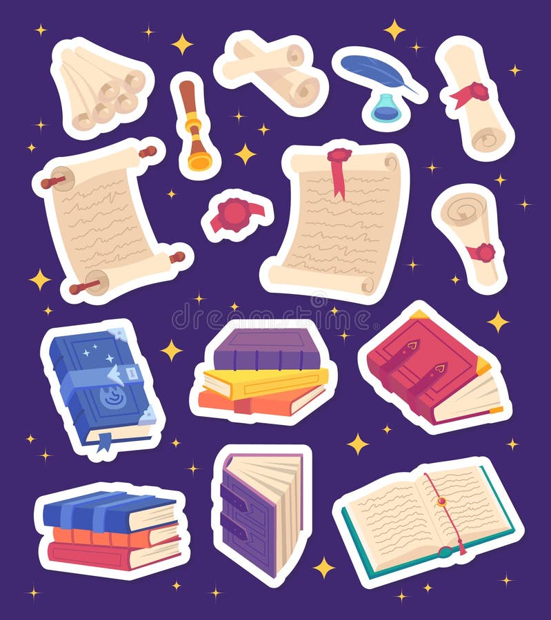 Cartoon Color Different Spell Magic Books and Scrolls Stickers Set ...