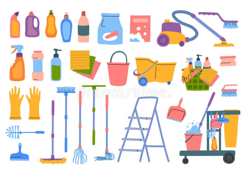 Cartoon Color Different Type Cleaning Tools Icon Set. Vector Stock ...